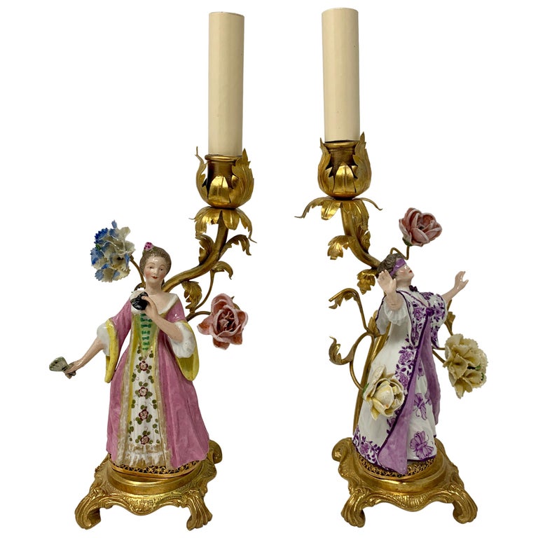 Pair of Antique Porcelain Figurine Candlesticks For Sale at 1stDibs
