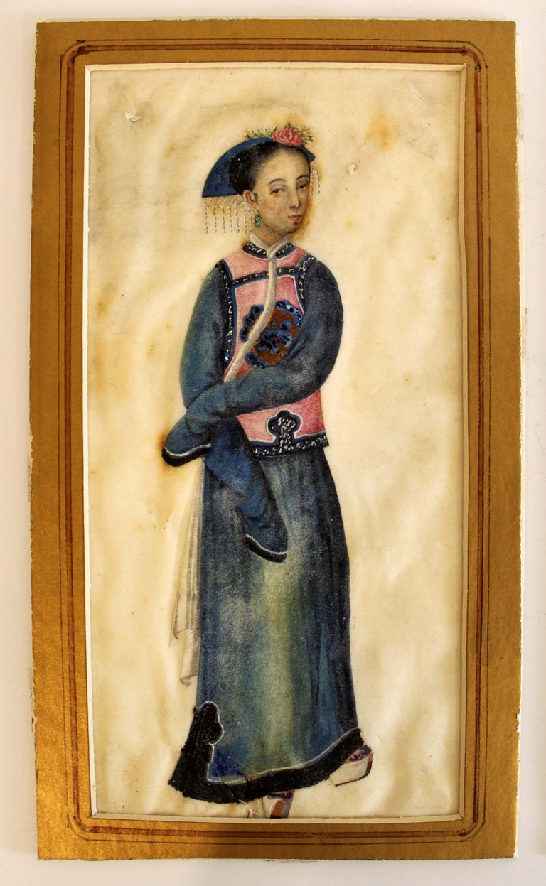 Pair of Antique Portraits Ink Drawing on Silk Chinese Mandarin 19th ...