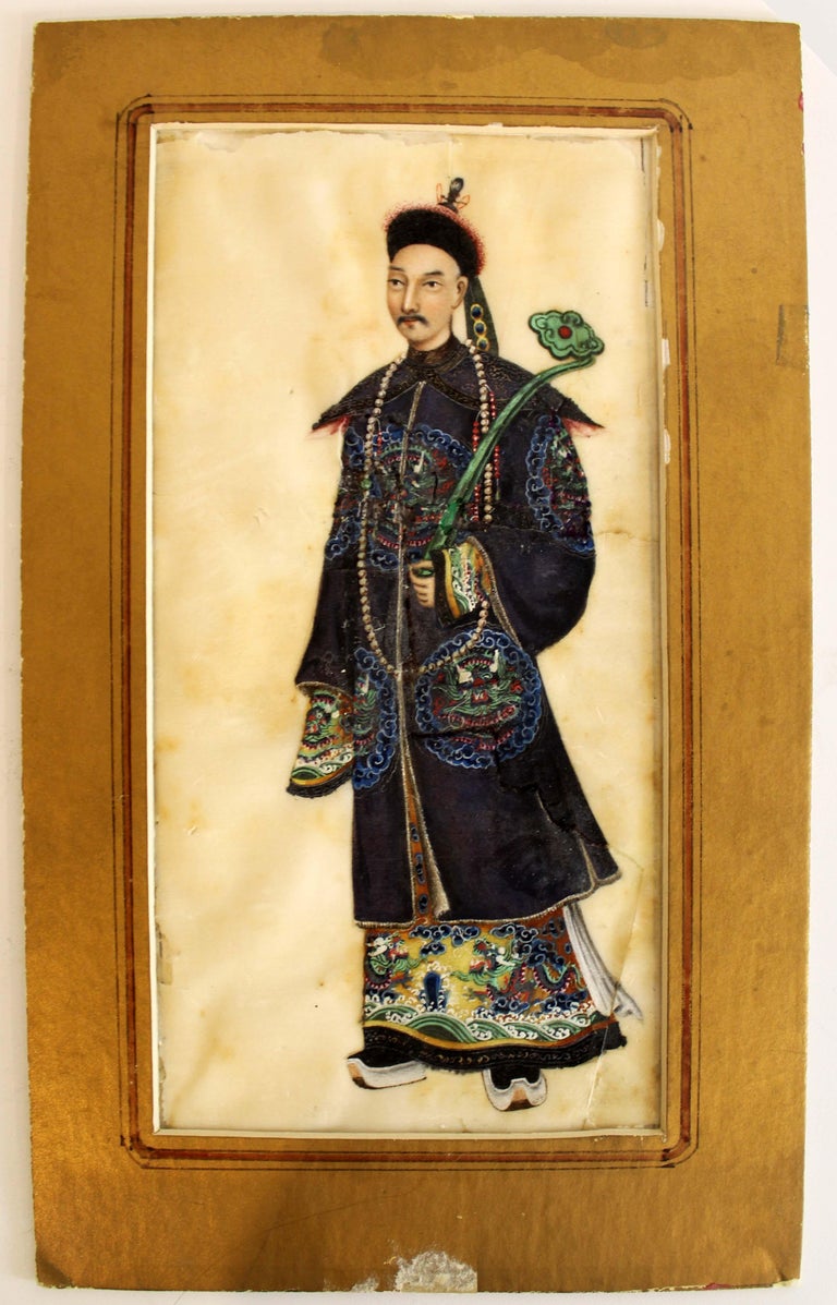 Pair of Antique Portraits Ink Drawing on Silk Chinese Mandarin 19th ...