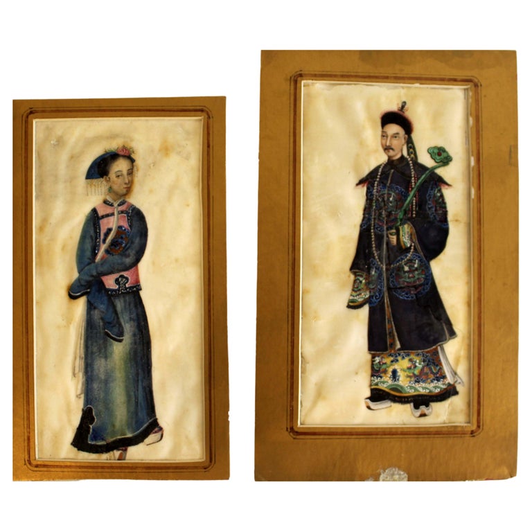 Pair of Antique Portraits Ink Drawing on Silk Chinese Mandarin 19th ...
