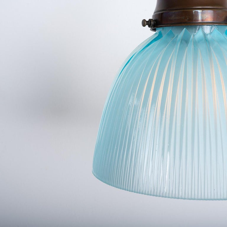 Pair of Antique Rare Blue Holophane Glass Pendant Light with Copper ...