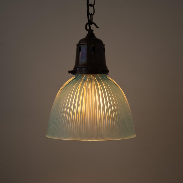Pair of Antique Rare Blue Holophane Glass Pendant Light with Copper ...