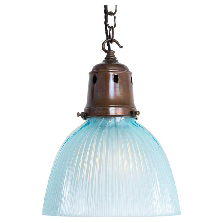 Pair of Antique Rare Blue Holophane Glass Pendant Light with Copper ...