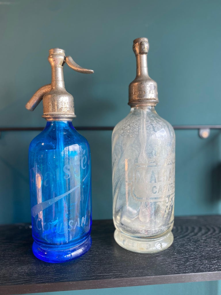 Pair of Antique Seltzer Soda Syphon Bottles, Blue Glass, Siphon Small ...