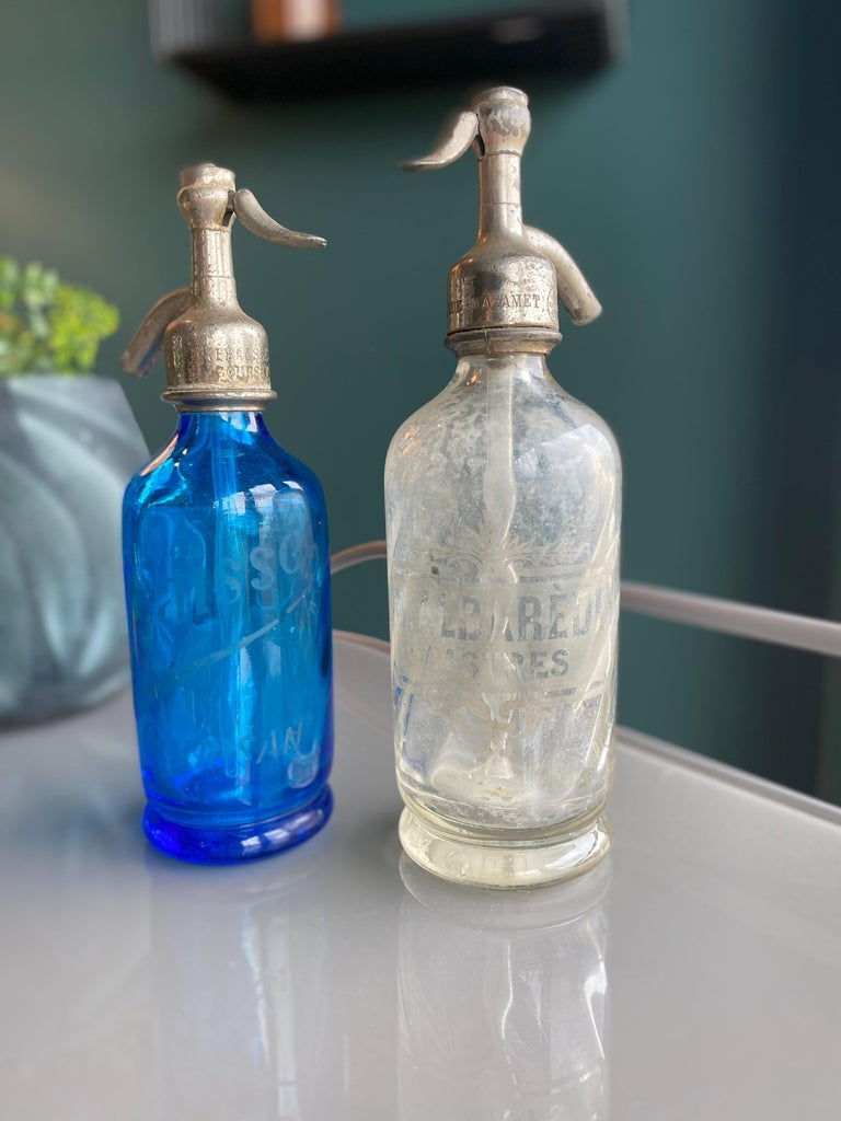 Pair of Antique Seltzer Soda Syphon Bottles, Blue Glass, Syphon Small ...
