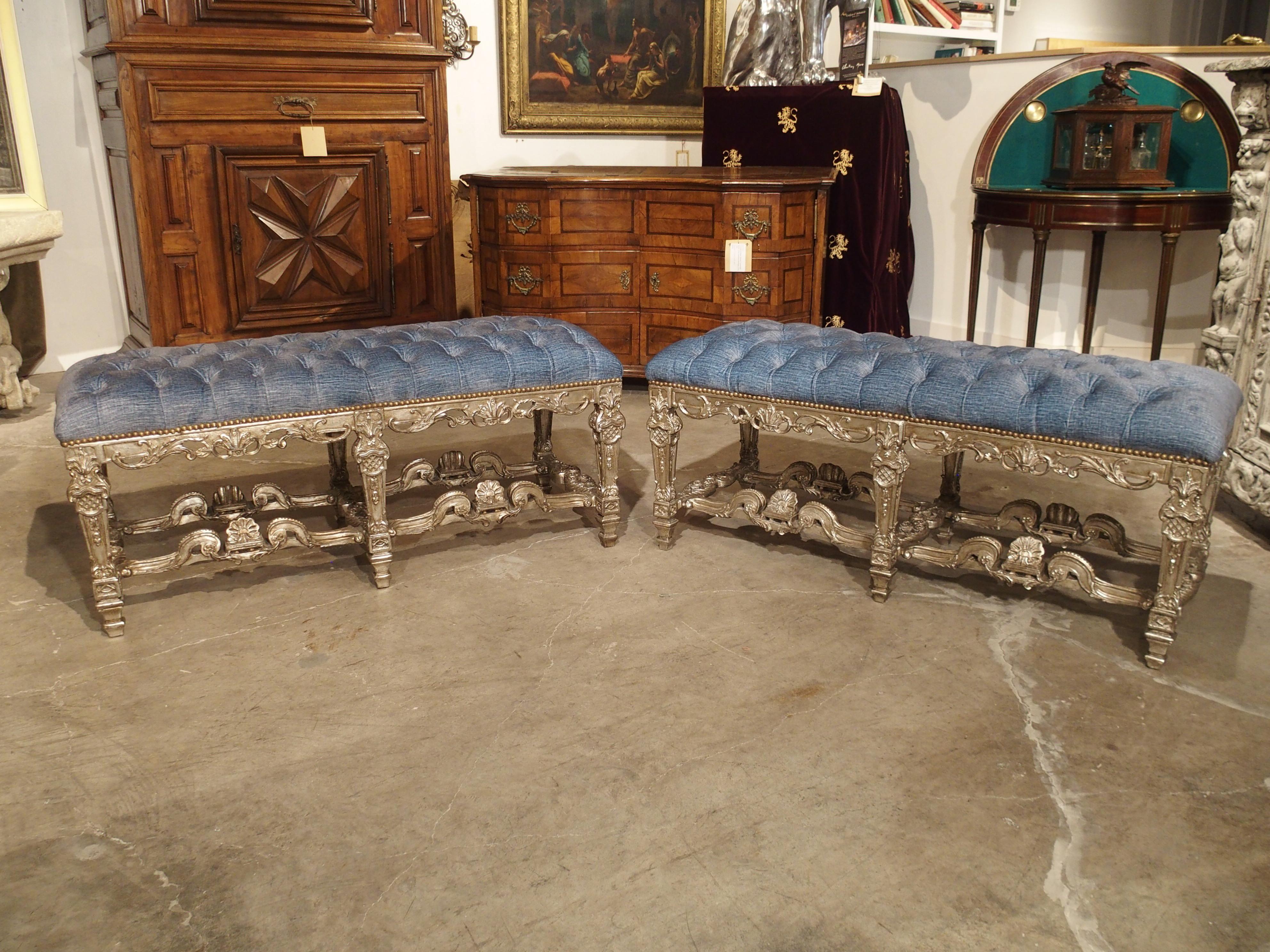 Pair of Antique Silvered French Regence Style Banquettes with Blue ...