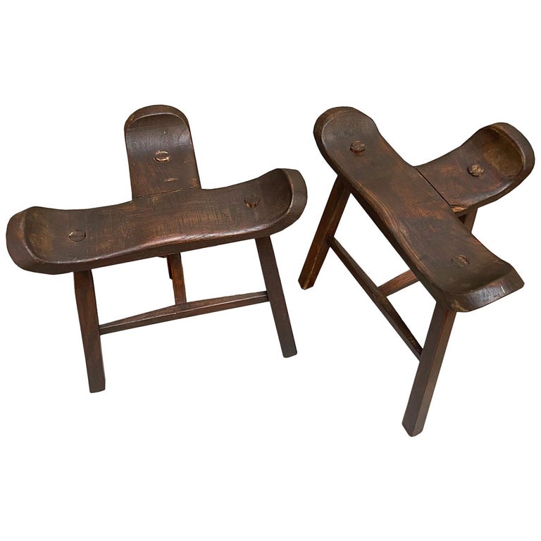 Pair of Antique Spanish Carved Wood Stools, 1950s at 1stDibs