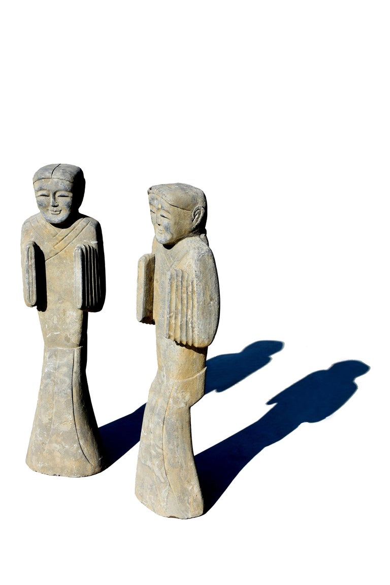 Pair of Antique Stone Figures Statues Han Style For Sale at 1stDibs
