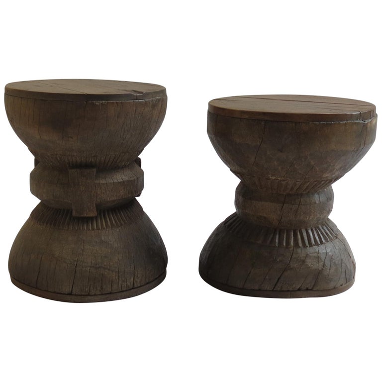 Pair of Antique Tribal African Hardwood Hand Carved Stool Side Table No ...