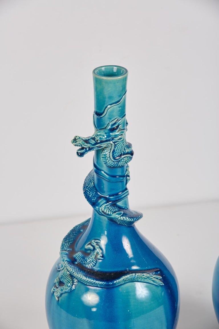 Pair of Antique Turquoise Blue Awaji Dragon Vases at 1stDibs