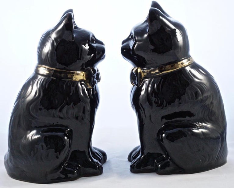 Pair of Antique Victorian Staffordshire Jackfield Black Pottery Cat ...