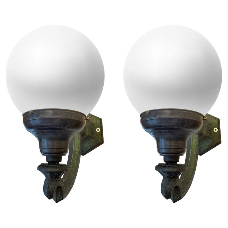 Pair of Antique White Globe Cast Iron Outdoor Sconces For Sale at 1stDibs