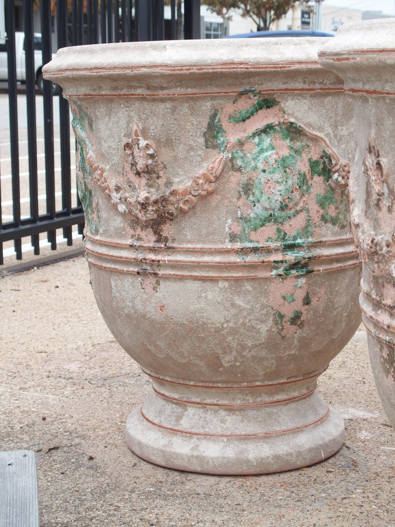 Pair of Antiqued Classic Fleur-de-Lis Anduze Pots from France at 1stDibs