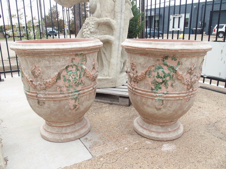 Pair of Antiqued Classic Fleur-de-Lis Anduze Pots from France at 1stDibs