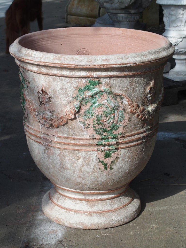 Pair of Antiqued Classic Fleur-de-Lys Anduze Pots from France at 1stDibs