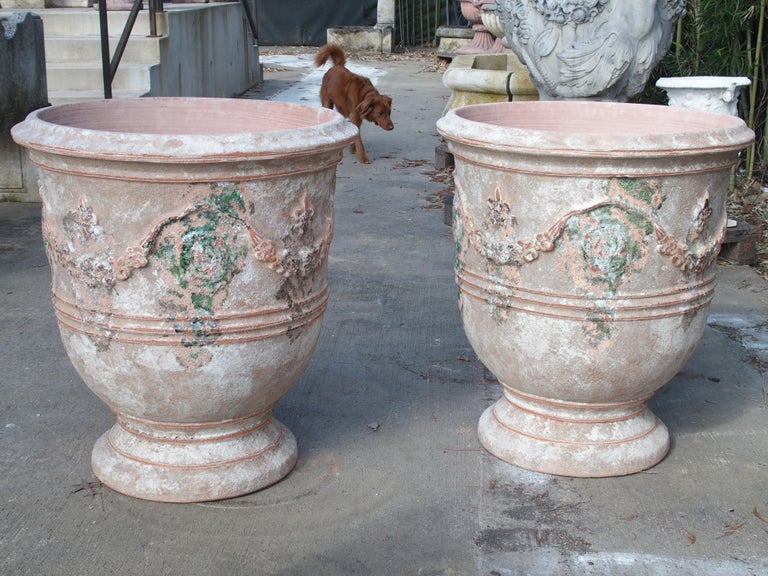 Pair of Antiqued Classic Fleur-de-Lys Anduze Pots from France at 1stDibs
