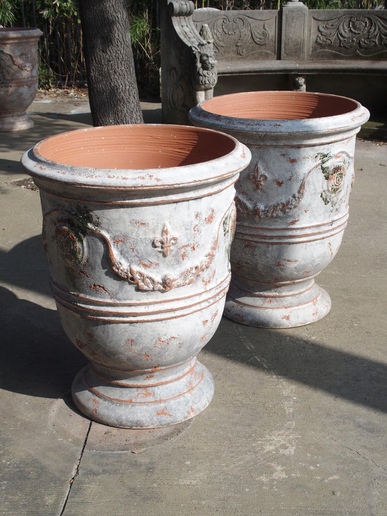 Pair of Antiqued White and Gray Fleur-de-Lys Anduze Pots from France at ...