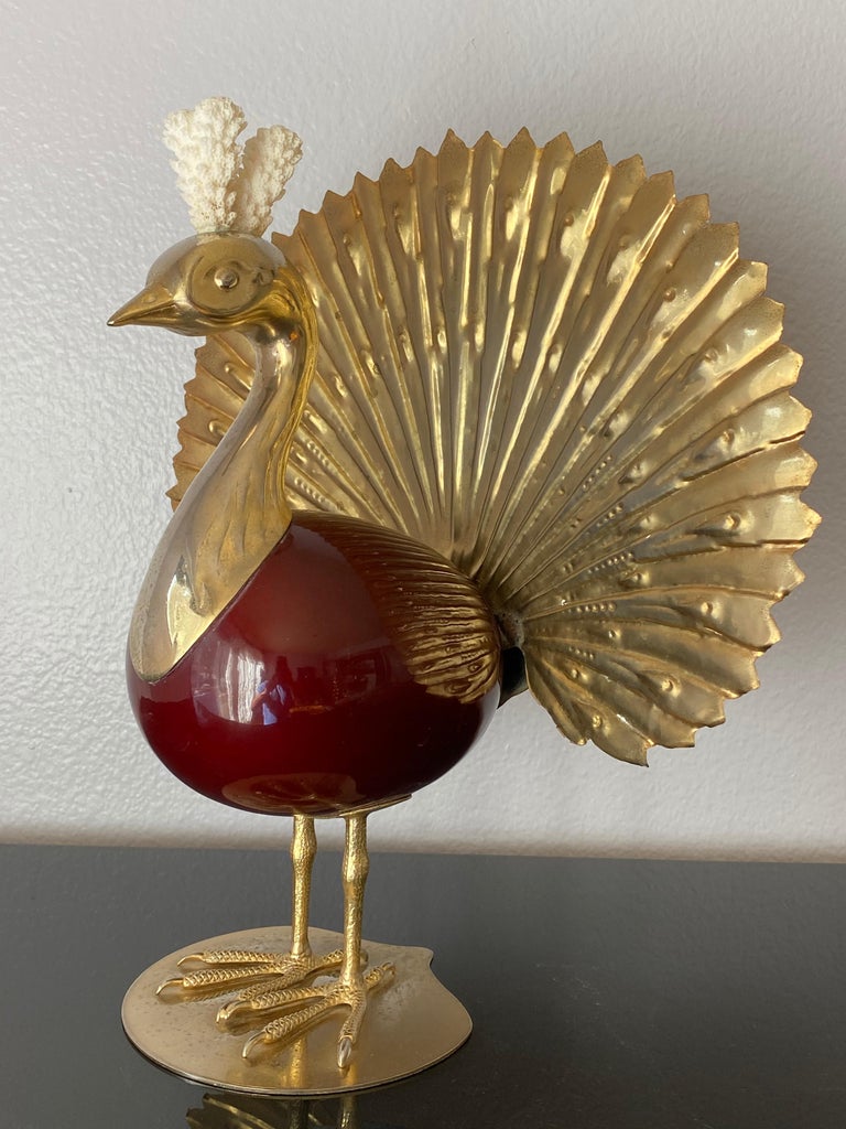 Pair of Antonio Pavia Brass and Coral Peacock Bookends Sculptures at ...