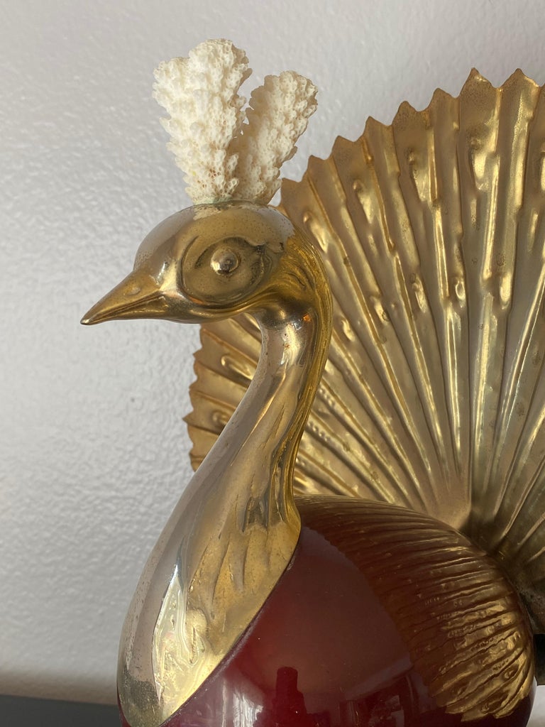 Pair of Antonio Pavia Brass and Coral Peacock Bookends Sculptures at ...