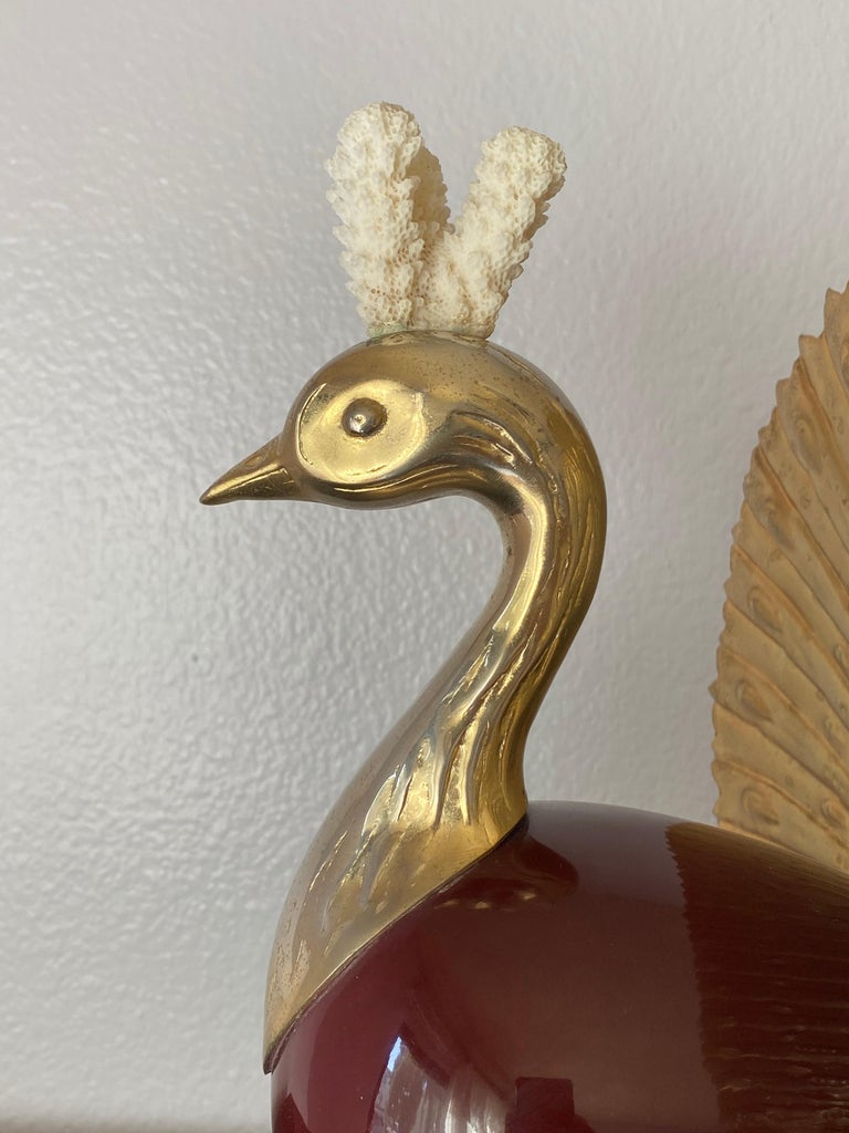 Pair of Antonio Pavia Brass and Coral Peacock Bookends Sculptures at ...