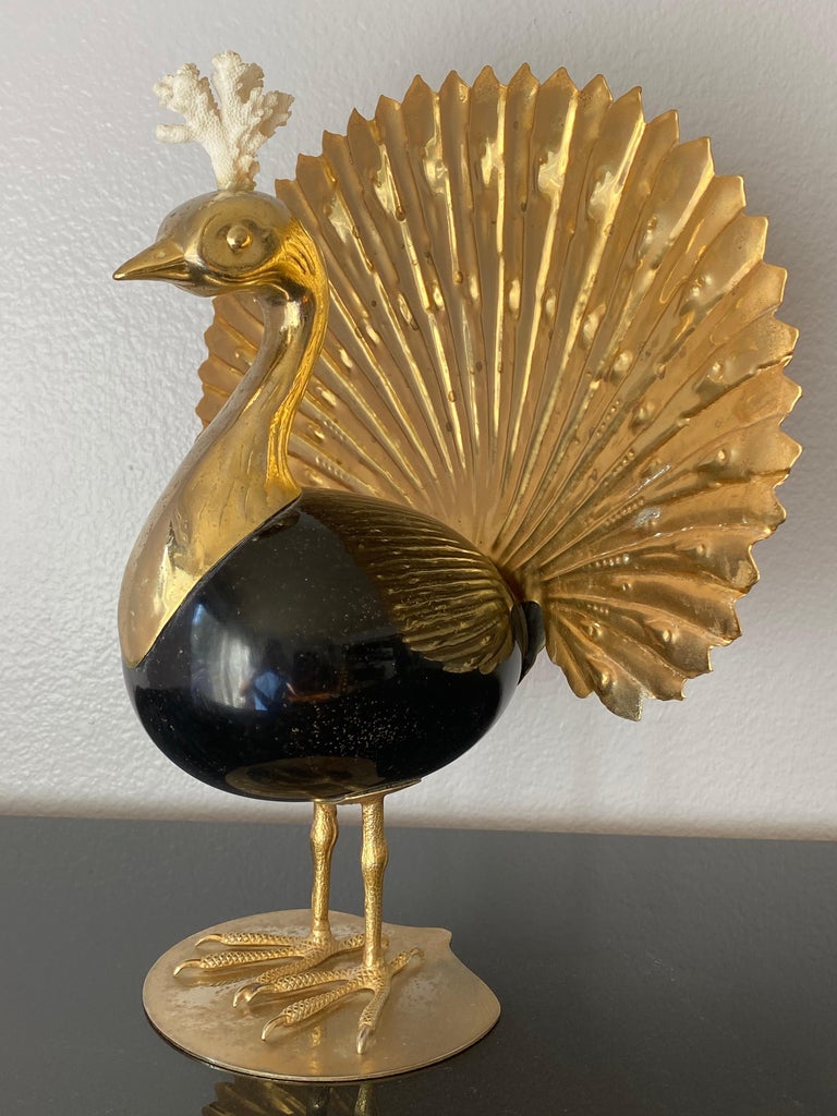 Pair of Antonio Pavia Brass and Coral Peacock Bookends Sculptures at ...