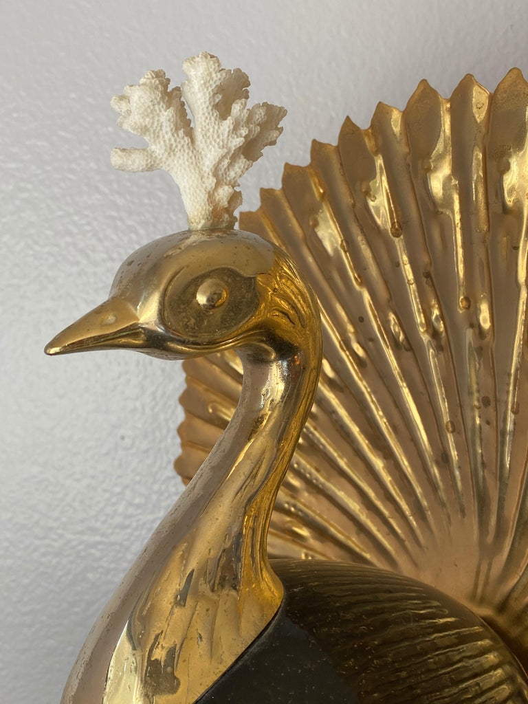 Pair of Antonio Pavia Brass and Coral Peacock Bookends Sculptures at ...