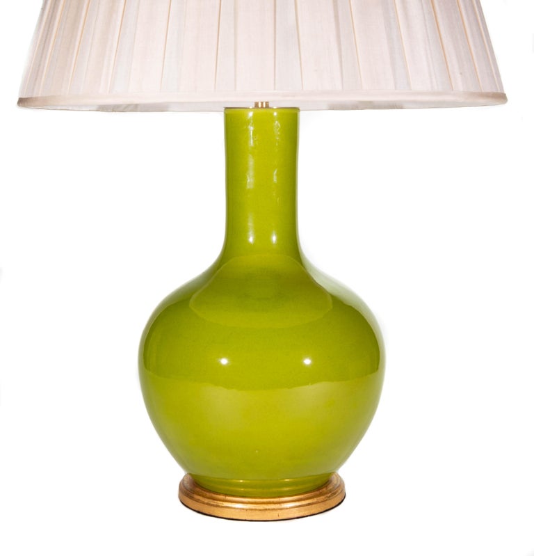 Pair of Apple Green Porcelain Straight Neck Table Lamps For Sale at 1stDibs