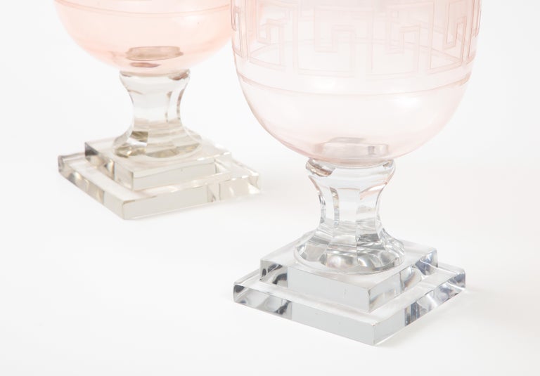 Pair of Apricot / Blush Greek Key Glass Vases For Sale at 1stDibs