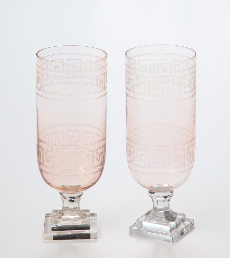 Pair of Apricot / Blush Greek Key Glass Vases For Sale at 1stDibs