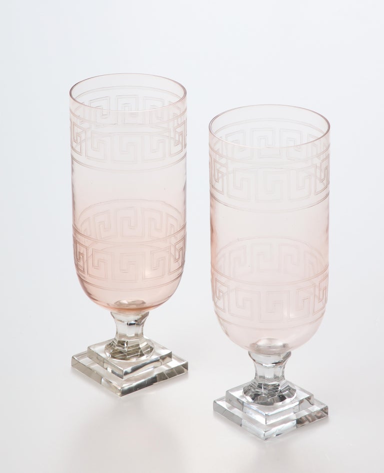 Pair of Apricot / Blush Greek Key Glass Vases For Sale at 1stDibs