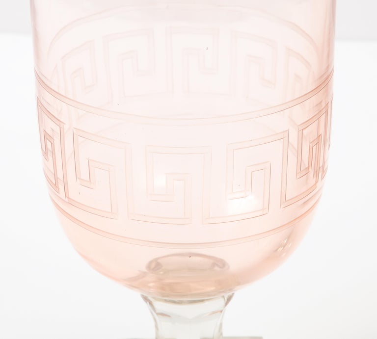 Pair of Apricot / Blush Greek Key Glass Vases For Sale at 1stDibs