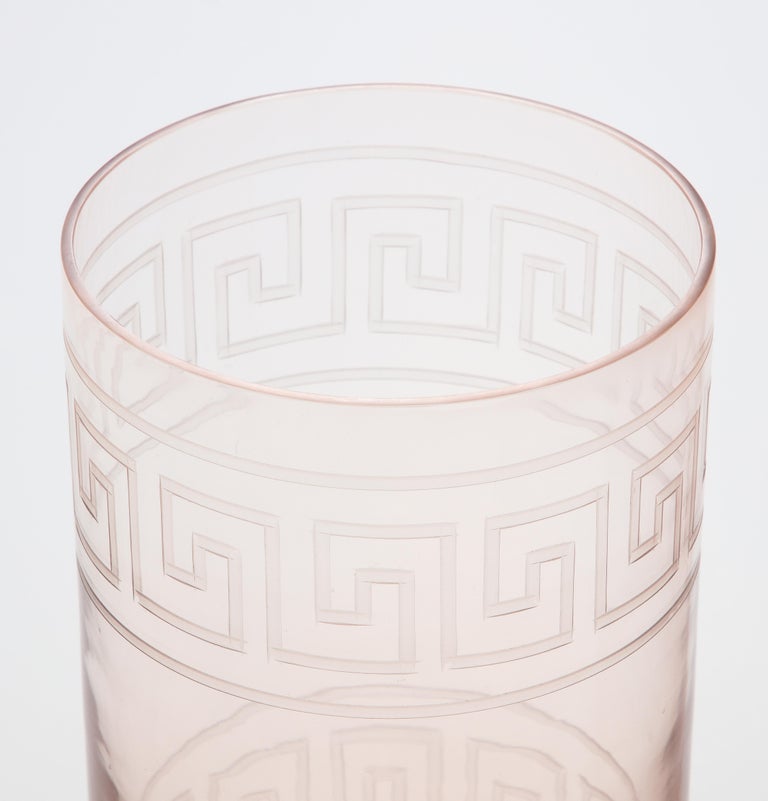 Pair of Apricot / Blush Greek Key Glass Vases For Sale at 1stDibs
