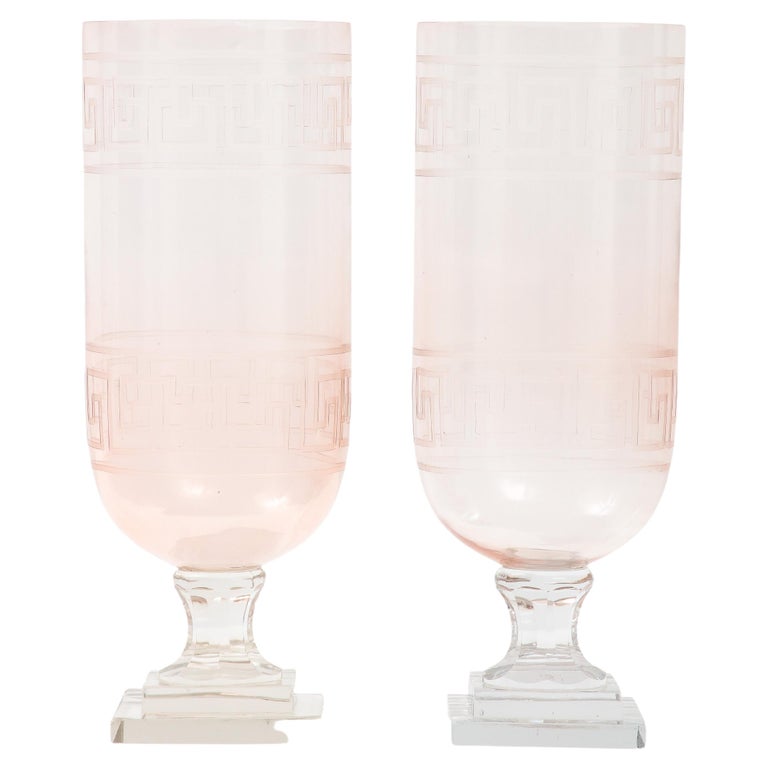 Pair of Apricot / Blush Greek Key Glass Vases For Sale at 1stDibs