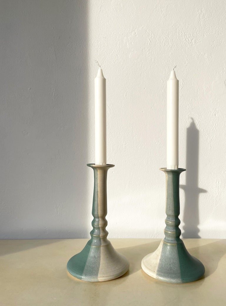 Aqua, Green, Light Beige Ceramic Candle Holders, 1970s For Sale at 1stDibs