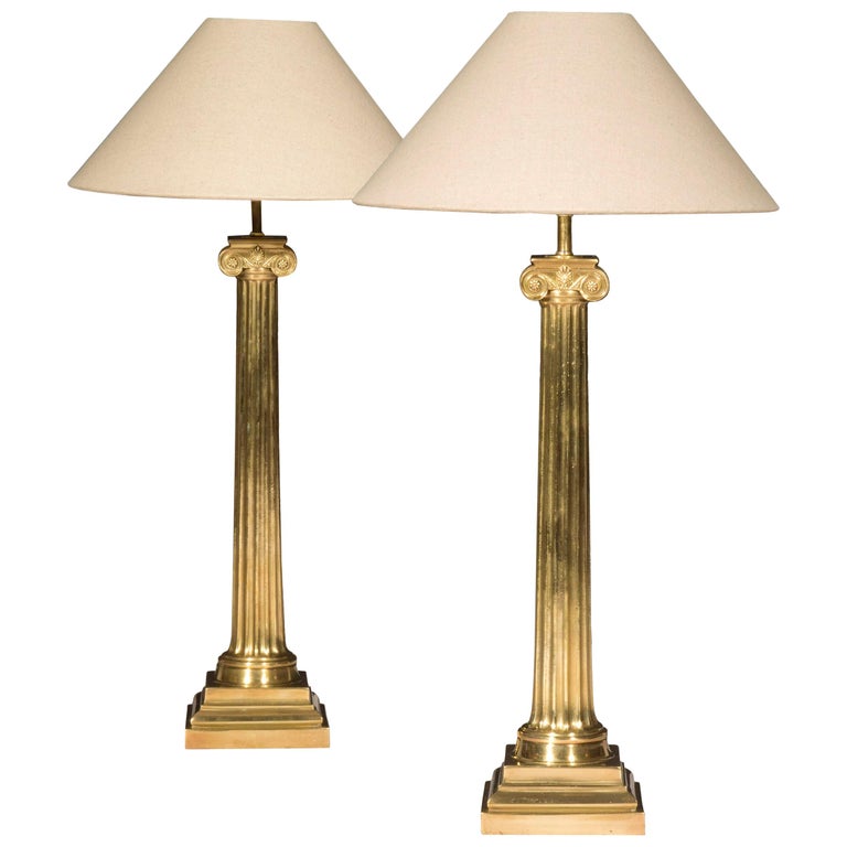 Pair of Architectural Greek Column Brass Lamps at 1stDibs