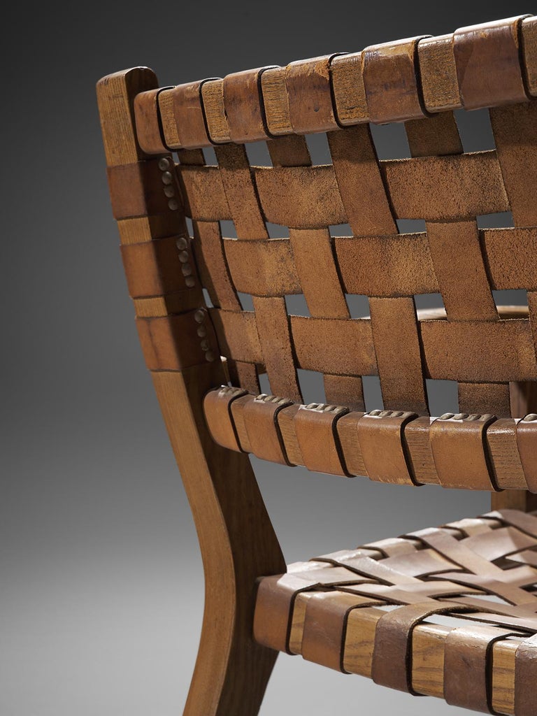 Pair of Armchairs with Cognac Leather Webbed Back and Seat For Sale at ...