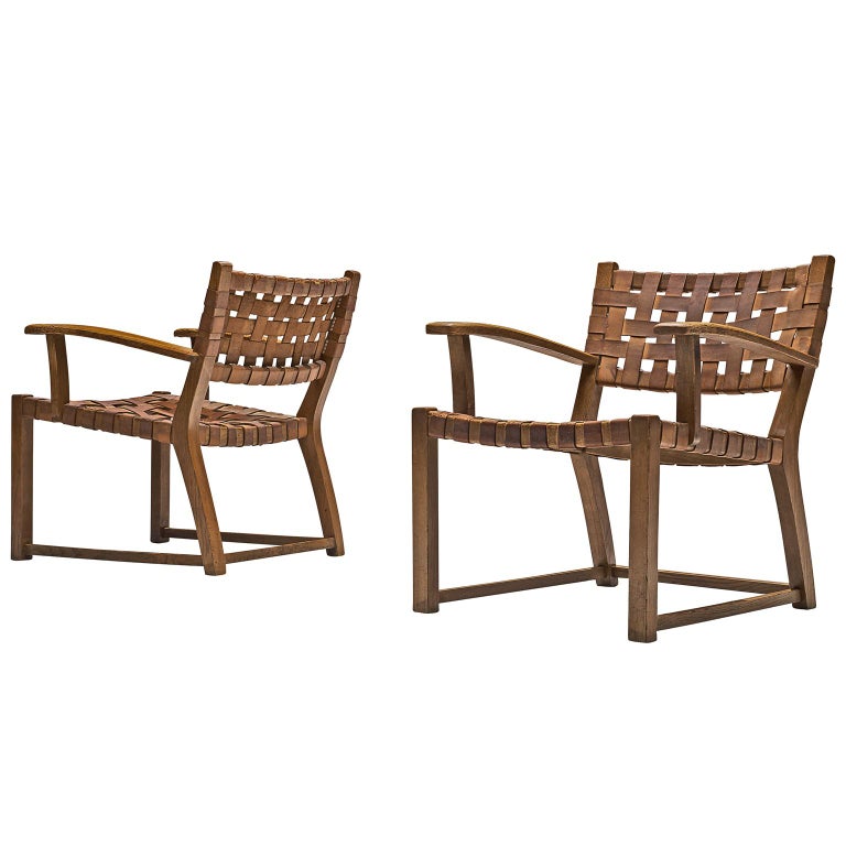 Pair of Armchairs with Cognac Leather Webbed Back and Seat For Sale at ...