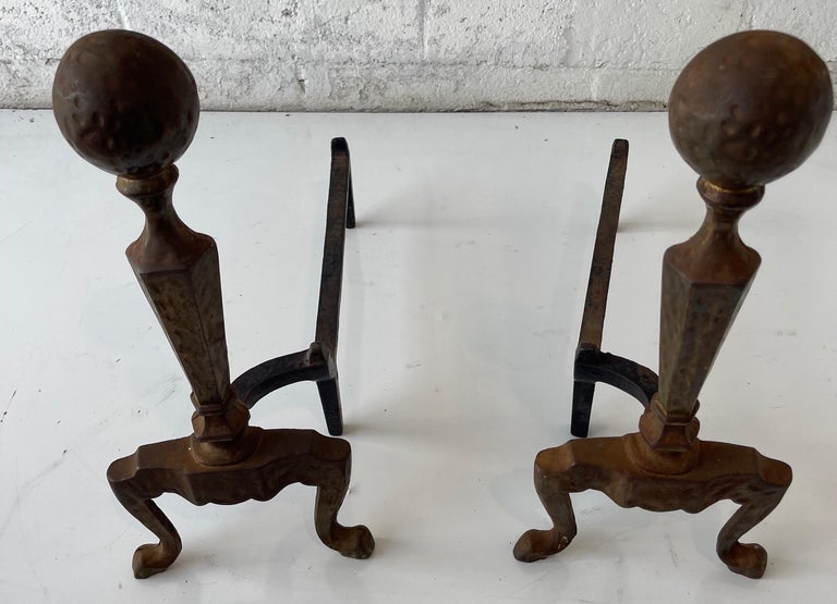 Pair of Art and Craft Hammered Cast Iron Andirons For Sale at 1stDibs