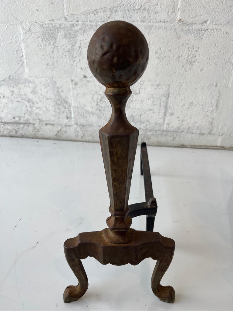 Pair of Art and Craft Hammered Cast Iron Andirons For Sale at 1stDibs