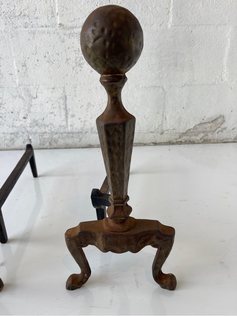 Pair of Art and Craft Hammered Cast Iron Andirons For Sale at 1stDibs