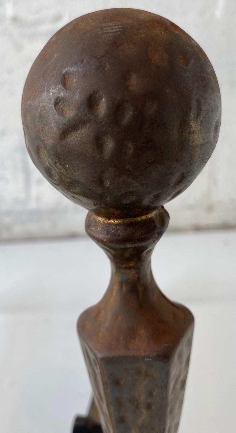 Pair of Art and Craft Hammered Cast Iron Andirons For Sale at 1stDibs