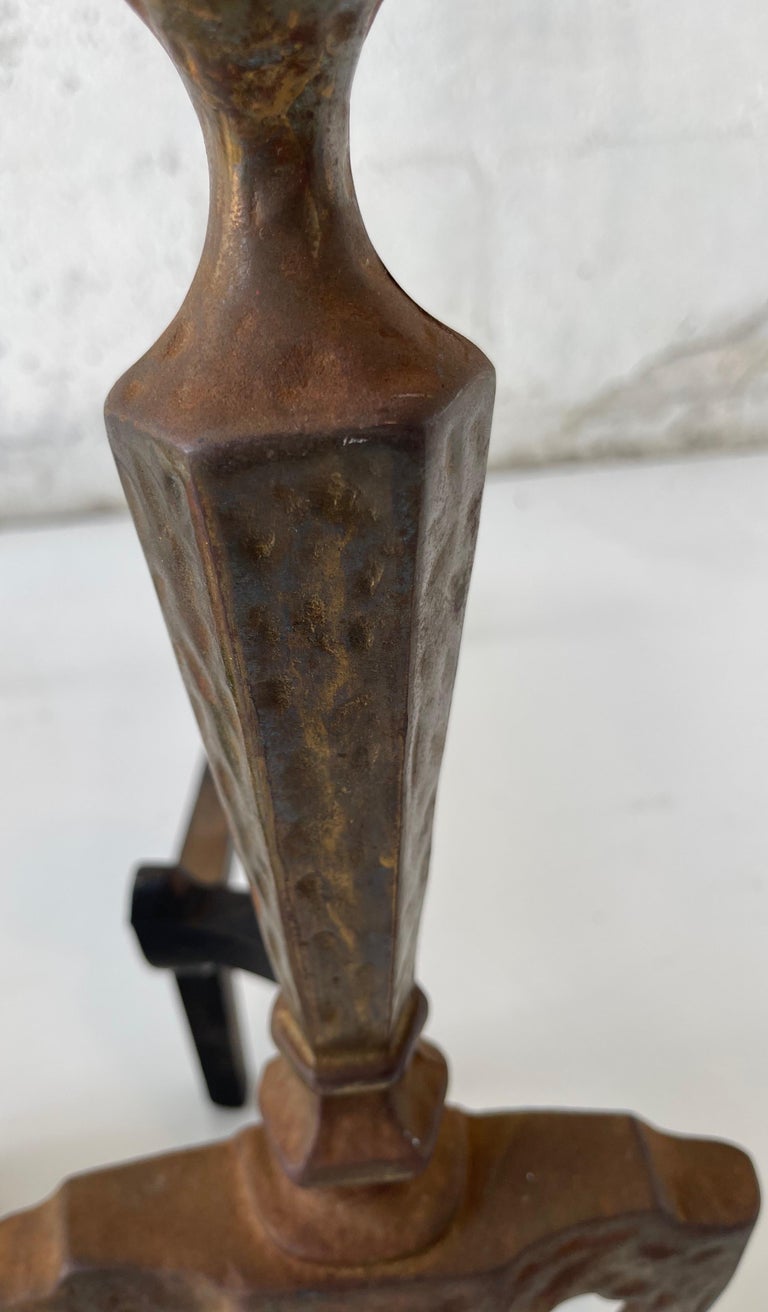 Pair of Art and Craft Hammered Cast Iron Andirons For Sale at 1stDibs