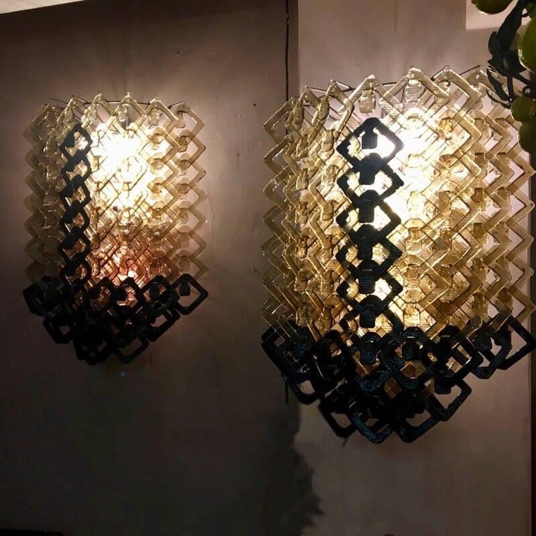 Pair of Art Deco Black and Amber Murano Glass Italian Big Sconces ...