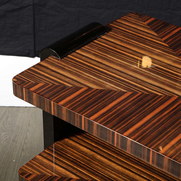 Pair of Art Deco Black Lacquer and Bookmatched Macassar Ebony Occasional Tables For Sale at 1stDibs