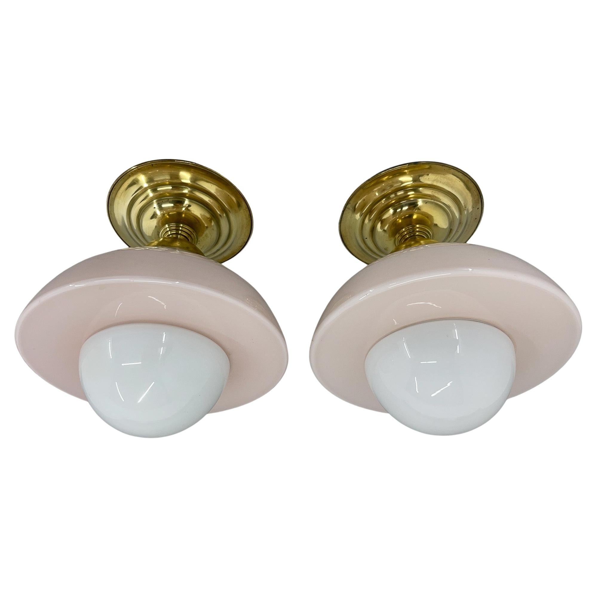 Pair of Art Deco Brass and Coloured Glass Flush Mounts, 1930's For Sale ...
