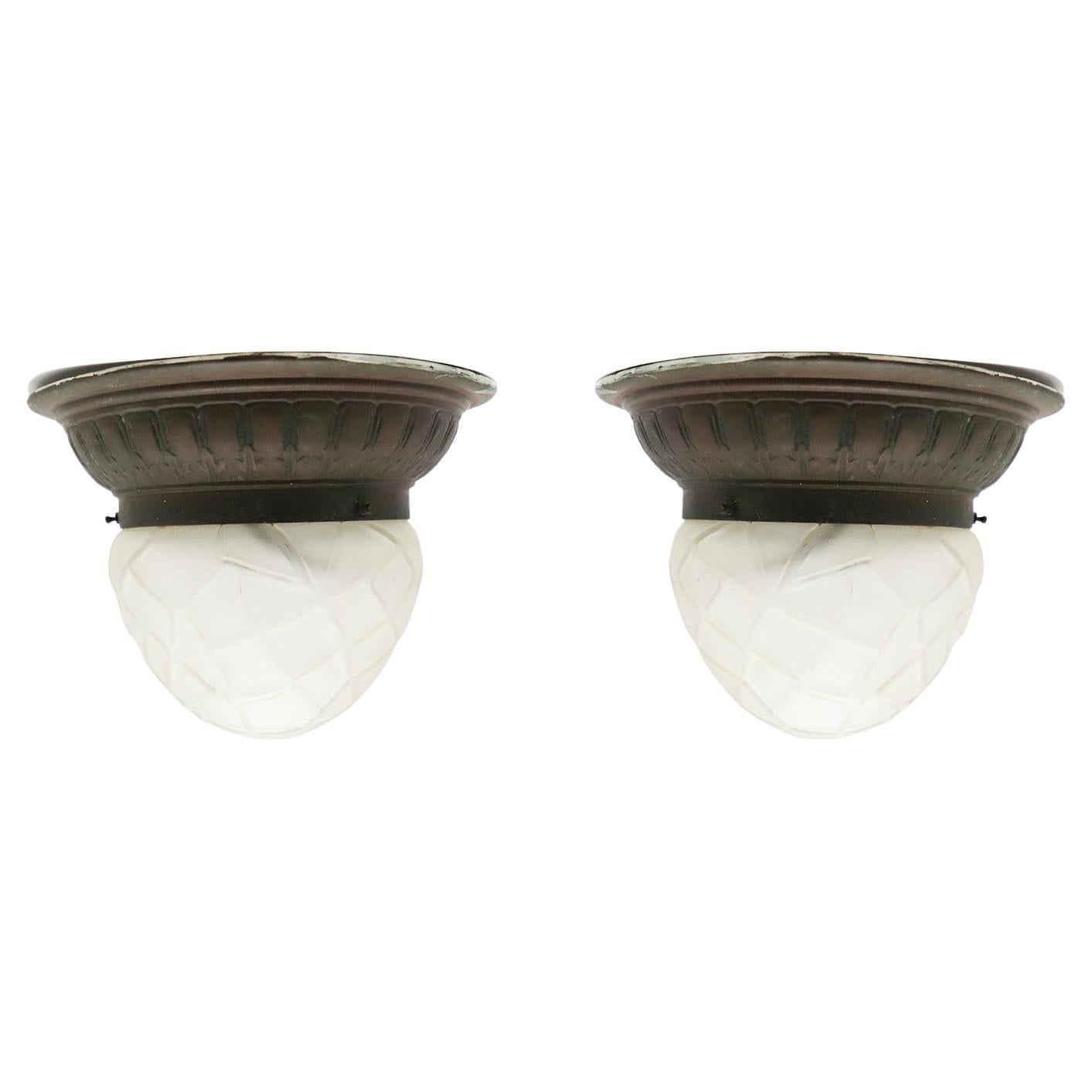 1920s Deco Square Flush Mount Light Fixture, Brass and Glass, Rewired ...