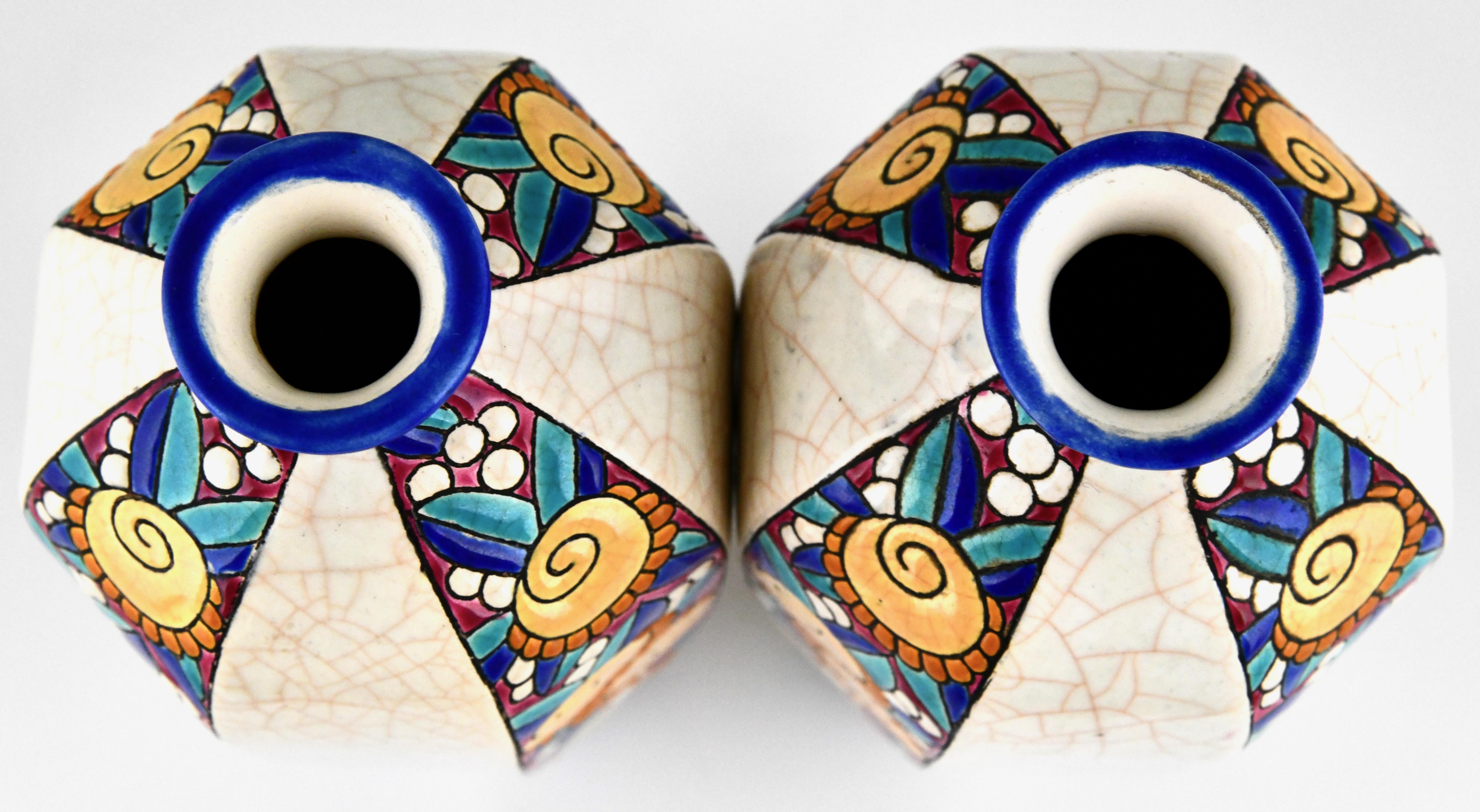 Pair of Art Deco Ceramic Vases with Stylized Flowers by Longwy, France ...