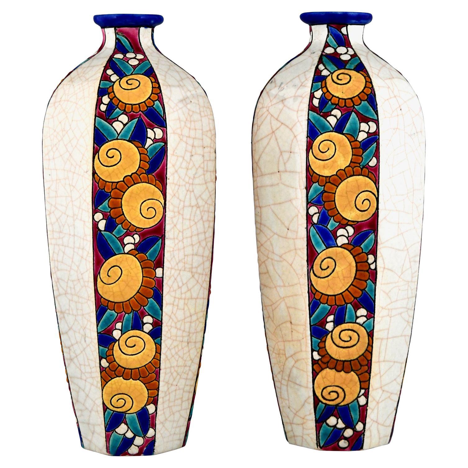 Pair of Art Deco Ceramic Vases with Stylized Flowers by Longwy, France ...
