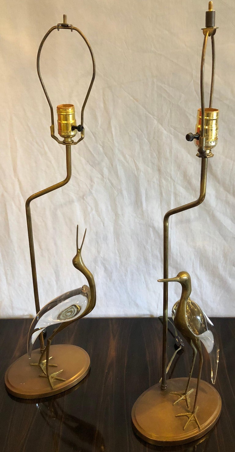 Pair of Art Deco Crane Bird Brass with Glass Body Table Lamps at 1stDibs