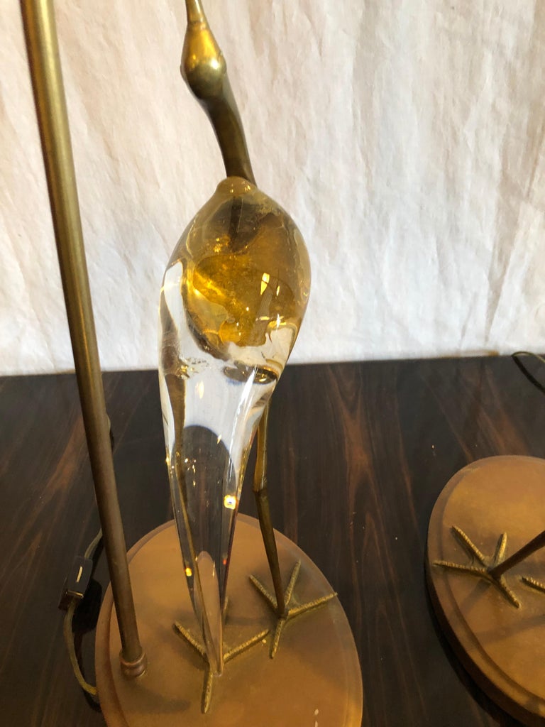 Pair of Art Deco Crane Bird Brass with Glass Body Table Lamps at 1stDibs